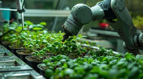 Premium Photo Robotic Arm Watering Seedlings In Automated Indoor Vertical Farm Or Greenhouse