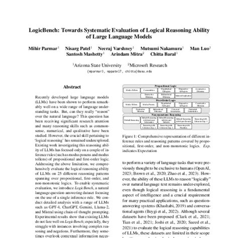 Logicbench Towards Systematic Evaluation Of Logical Reasoning Ability Of Large Language Models