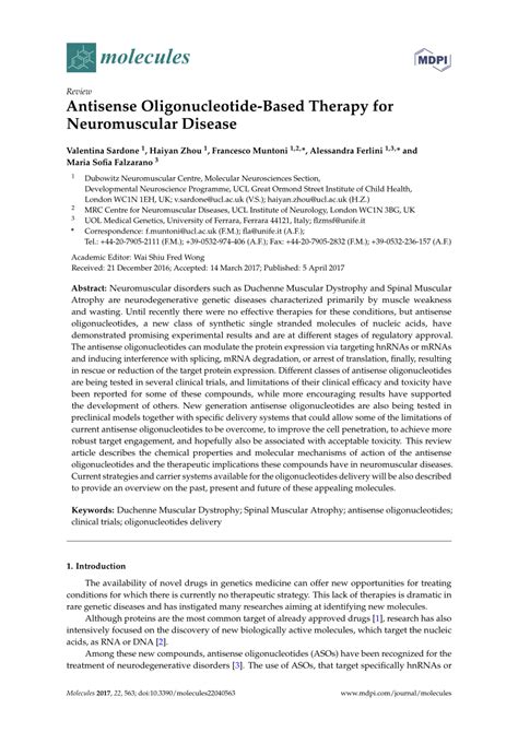 Pdf Antisense Oligonucleotide Based Therapy For Neuromuscular Disease