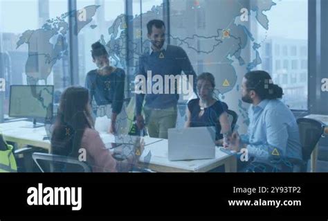 Global Data Analytics Animation Over Diverse Business Team Collaborating In Office Teamwork