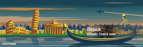 베니스 보트 그리고 피사 타워입니다 이탈리아의 유명한 랜드마크와 Symbolfor 피복 및 웹 디자인 빈티지 원형 스타일에 색상 강에 대한 스톡 벡터 아트 및 기타 이미지