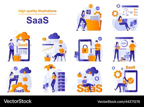Saas Web Concept With People Scenes Set In Flat Vector Image