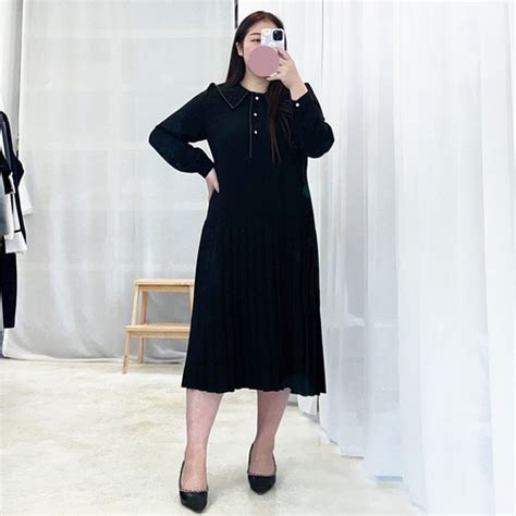 젤리클로젯 66 110사이즈 빅사이즈 루즈핏 카라 플리츠주름 정장 쉬폰 블랙 롱원피스 하객원피스