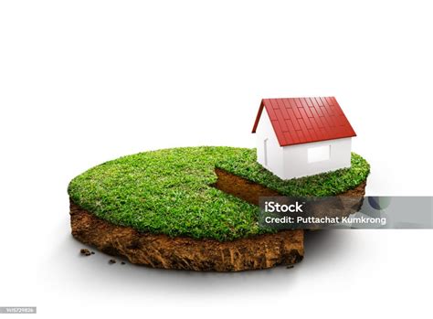 토목과 푸른 잔디가있는 둥근 토양 지상 단면의 모델 하우스 토지는 다양한 계획을 할당하기 위해 나뉘어져 있습니다 흰색 배경에