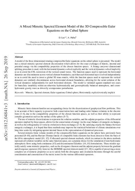 Pdf A Mixed Mimetic Spectral Element Model Of The 3d Compressible Euler Equations On The Cubed