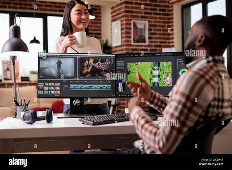 Creative Couple Doing Film On Editing Software Creating Professional Video Content On