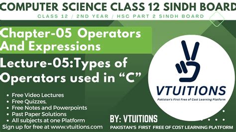 Types Of Operators Used In “c” Operators And Expressions Computer Science Class 12 Sindh