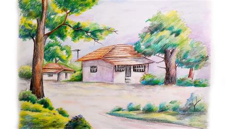 How To Draw A Village Scenery For Beginners Scenery Drawing Step By Step দৃশ্য অঙ্কন Youtube