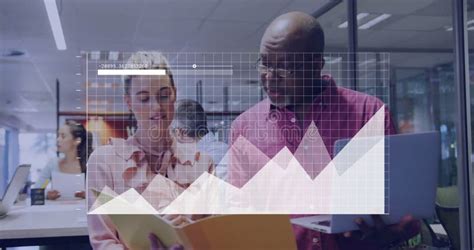 Financial Data Chart Image Over Diverse Business People Discussing Documents In Office Stock
