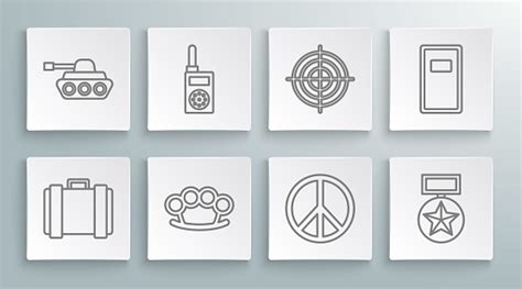 세트 라인 군사 탄약 상자 워키 토키 황동 너클 평화 보상 메달 사격 경쟁을위한 대상 스포츠 경찰 돌격 방패 및 탱크 아이콘 벡터 겨냥에 대한 스톡 벡터 아트 및 기타