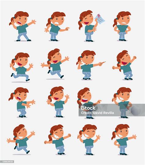 만화 캐릭터 흰색 어린 소녀 서로 다른 자세 태도 및 포즈로 설정하여 격리 된 벡터 일러스트레이션에서 다양한 활동을하고 있습니다 가족에 대한 스톡 벡터 아트 및 기타 이미지