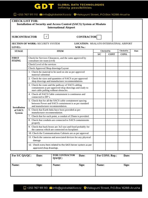 Checklist For Structured Cabling System And Accessories Installation