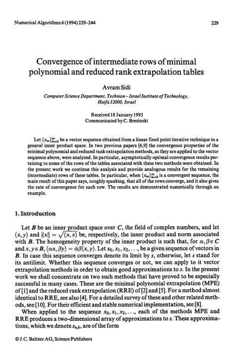 Pdf Convergence Of Intermediate Rows Of Minimal Polynomial And Reduced Rank Extrapolation Tables