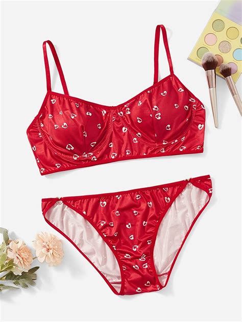 Plus Size Heart Print Heart Ring Bra Panties Sexy Lingerie Set Womens