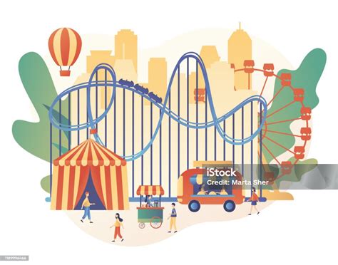 놀이 공원 개념입니다 회전 목마 롤러 코스터 공기 풍선 서커스 재미 박람회 와 카니발작은 사람들 현대 평면 만화 스타일입니다