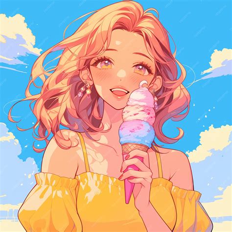 Anime Girl Holding A Pink Ice Cream Cone In Front Of A Blue Sky Generative Ai Premium Ai