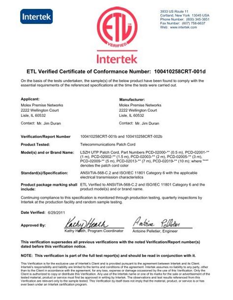 ETL Verified Certificate Of Conformance Number Molex Premise