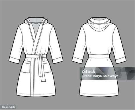 바스로브 후드 드레싱 가운 테크니컬 패션 일러스트와 랩 오프닝 미니 길이 넥타이 포켓 팔꿈치 소매 0명에 대한 스톡 벡터 아트