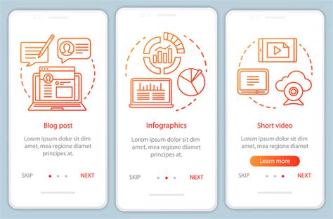 인식 콘텐츠 오렌지 온보딩 모바일 앱 페이지 화면 벡터 템플릿입니다 선형 일러스트레이션을 통해 웹 사이트 단계를 안내하는 시각적 미디어 콘텐츠 연습입니다 Ux Ui Gui