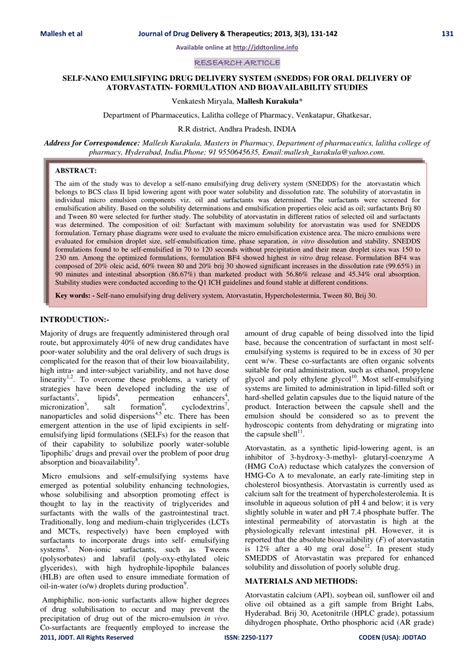 Pdf Self Nano Emulsifying Drug Delivery System Snedds For Oral Delivery Of Atorvastatin