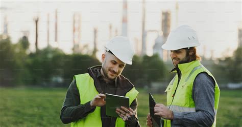 태블릿을 들고 정유 공장 옆에 야외에 서서 문제를 논의하는 두 명의 젊은 엔지니어의 전면 모습 사진 Unsplash의 안전모 이미지