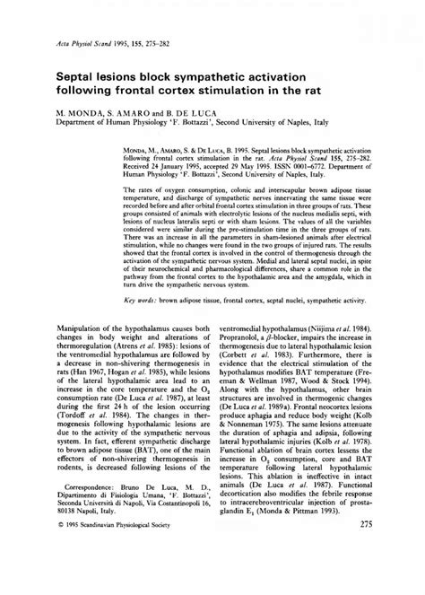 Pdf Septal Lesions Block Sympathetic Activation Following Frontal Cortex Stimulation In The