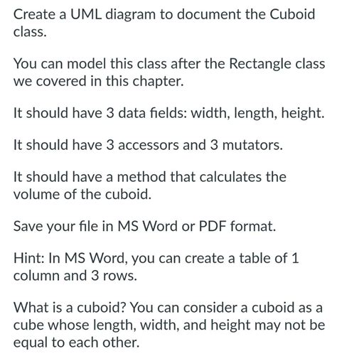 Solved Create A Uml Diagram To Document The Cuboid Class