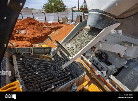 Truck Mounted Concrete Pump On A Construction Site To Fill With