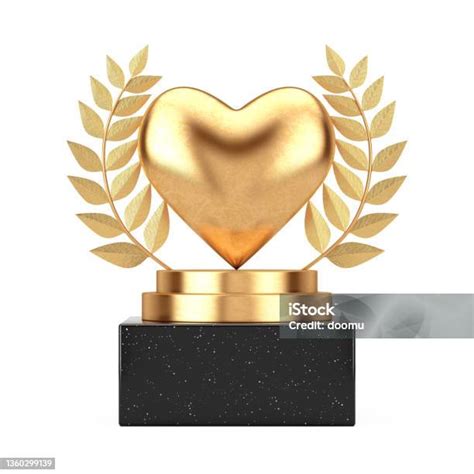 골든 하트와 함께 수상 경력에 빛나는 큐브 골드 로렐 화환 연단 스테이지 또는 받침대 3d 렌더링 감정에 대한 스톡 사진 및