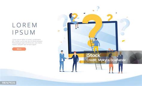 물음표 컴퓨터의 거대한 물음표 주위에 질문을 하는 비즈니스 사람들 벡터 웹 배너 일러스트레이션 물음표에 대한 스톡 벡터 아트 및