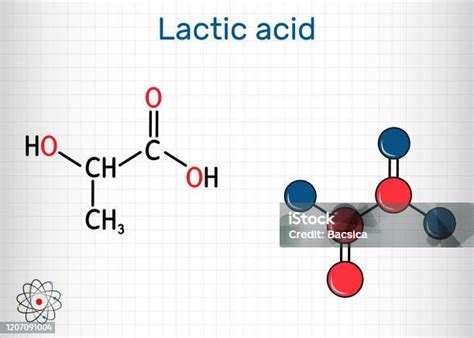 젖산 젖산 우유 설탕 C3h6o3 분자 식품 첨가제 E270 과 알파 하이드록시 산 Aha입니다 구조 화학 공식 및 분자 모델 케이지에 있는 종이 시트 젖산에 대한 스톡