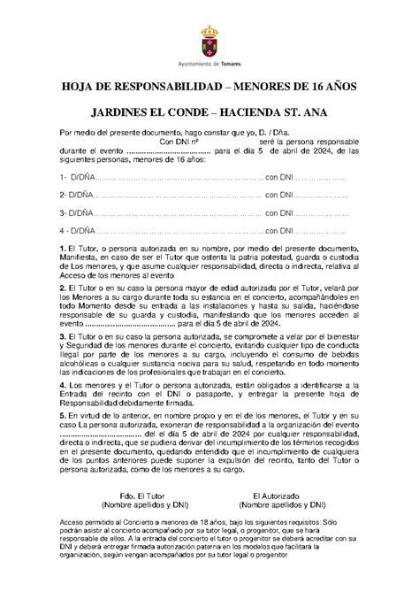 Hoja De Responsabilidad Para Menores De 18 Anos Hoja De