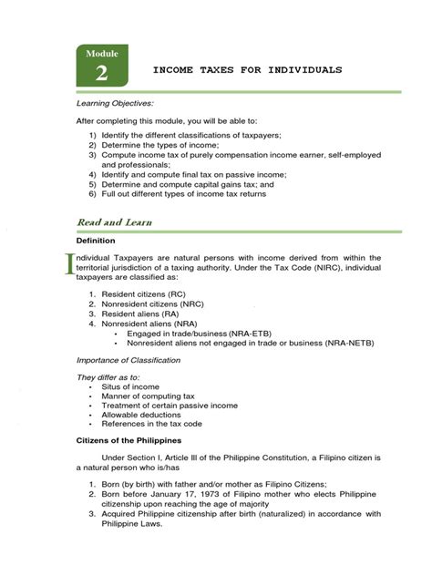 Module 2 Income Taxes For Individuals Lecture Notes Pdf Capital