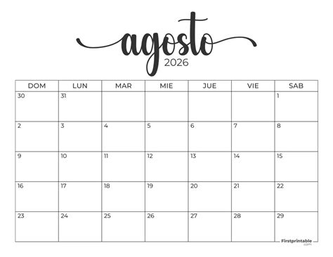 Calendario Agosto 2026 Gratis Para Imprimir Y Rellenar