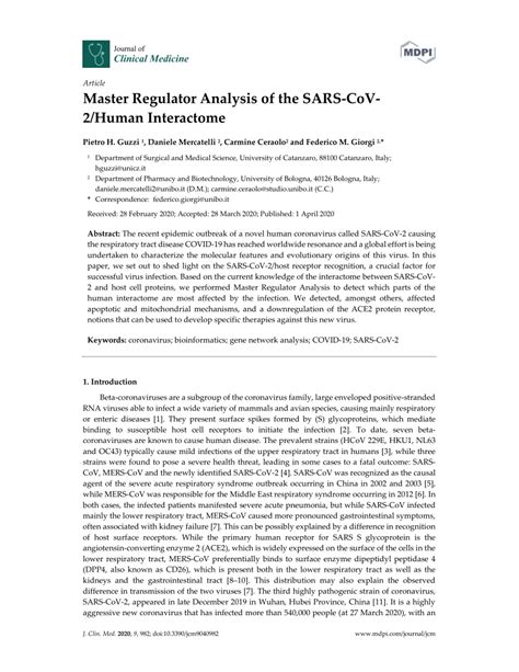 Pdf Master Regulator Analysis Of The Sars Cov 2human Interactome
