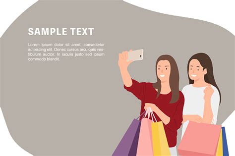 만화 사람들 캐릭터 디자인 배너 템플릿 여성 친구 쇼핑과 즐겁게 셀 카 사진을 촬영 가방에 대한 스톡 벡터 아트 및 기타 이미지