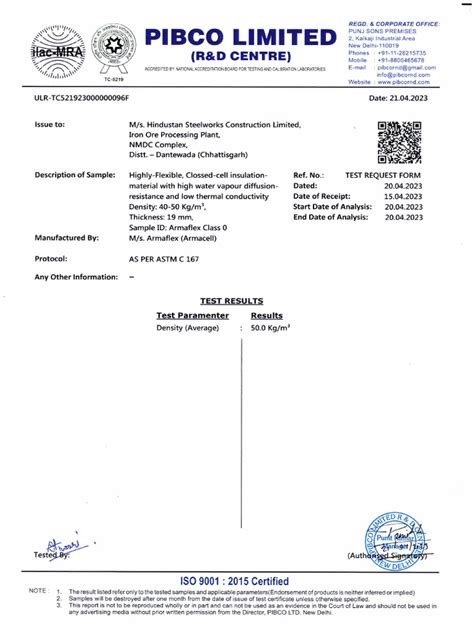 Nabl Density Certificate For Nitrile Rubber Tube Insulation For Hvac