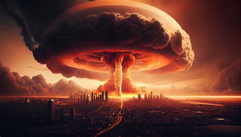 Big Nuclear Explosion Mushroom Cloud Effect Over City Skyline Generate