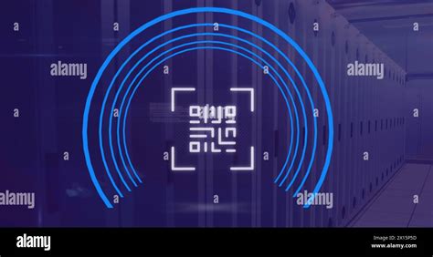 Image Of Neon Qr Code Scanner And Data Processing Against Computer