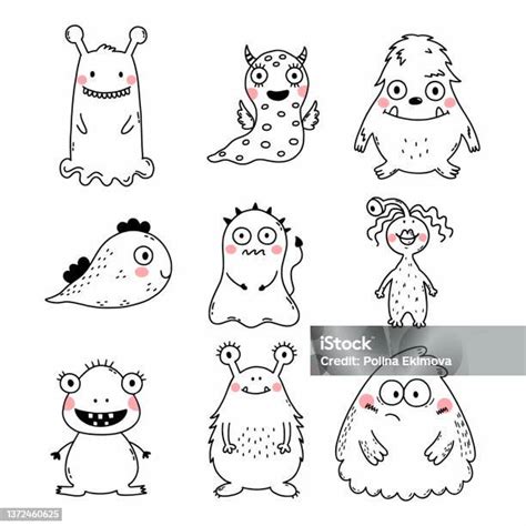 귀여운 괴물 낙서 일러스트레이션 세트입니다 아이들을위한 색칠 공부책 엽서 장식 요소 몬스터에 대한 스톡 벡터 아트 및 기타