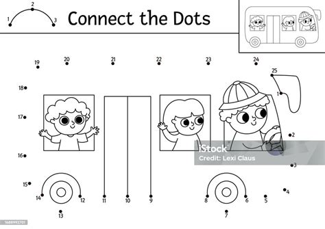 귀여운 버스 운전사 및 승객과 함께 벡터 도트 투 도트 및 색상 활동 교통은 재미있는 자동차로 아이들을 위한 점 게임을