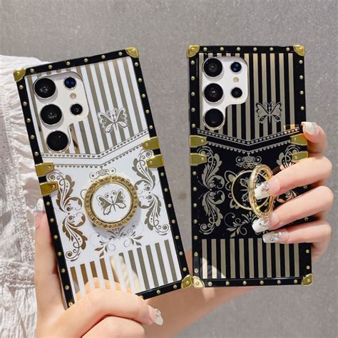 Luxury Glitter Gold Stripe Square Phone Cover Flower Butterfly Case For