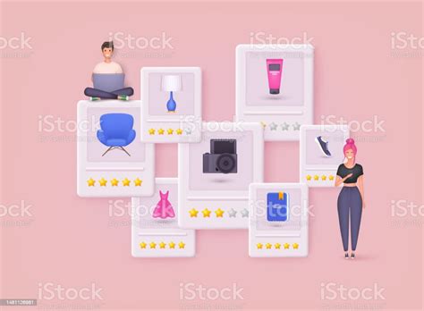 사용자 리뷰 및 피드백 개념 온라인 사용자 리뷰 고객 피드백 검토 경험 등급 개념입니다 3d 웹 벡터 삽화입니다 Brand Name Online Messaging