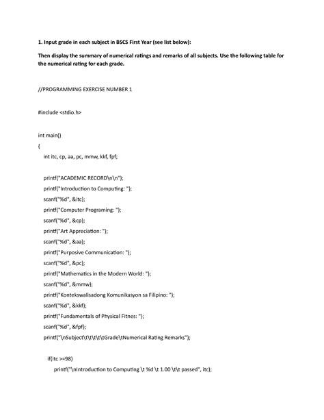 Computer Programming Pe105n1 Input Grade In Each Subject In Bscs First Year See List Below