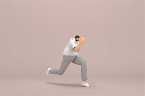 회색 코듀로이 바지와 화이트 칼라 티셔츠를 입은 수염을 가진 남자 연기에서 만화 캐릭터의 3d 일러스트 레이터 그는 달리고있다 3차원 형태에 대한 스톡 사진 및 기타 이미지