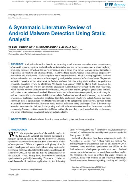 Pdf A Systematic Literature Review Of Android Malware Detection Using Static Analysis