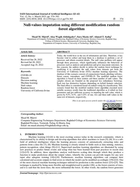 Null Values Imputation Using Different Modification Random Forest Algorithm Pdf Machine