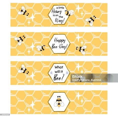 꿀벌 파티를위한 인쇄 물병 라벨 음료 라벨 꿀벌 생일 수평 배너 템플릿 세트 벡터 만화에 대한 스톡 벡터 아트 및 기타 이미지 Istock