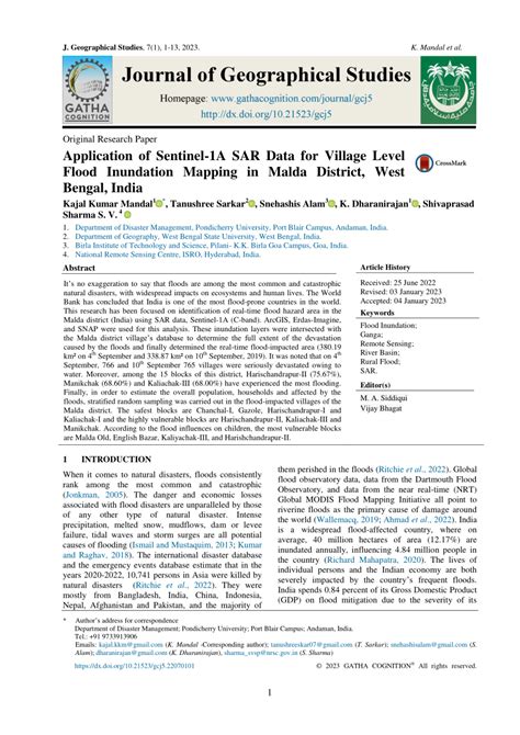 Pdf Application Of Sentinel 1a Sar Data For Village Level Flood Inundation Mapping In Malda