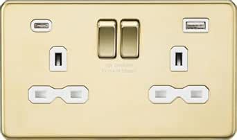 13A 2G SP Switched Socket With Dual USB A C 5V DC 4 0A Shared Polished Brass With White